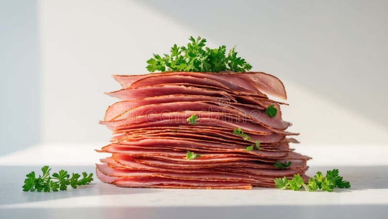 Stack of Freshly Sliced Deli Meats with Green Herb Garnish. Stock Image ...