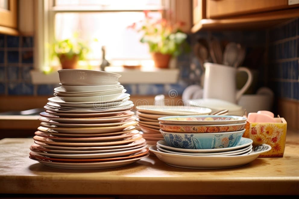 Stack of Freshly Washed Dishes on a Counter Stock Image - Image of ...