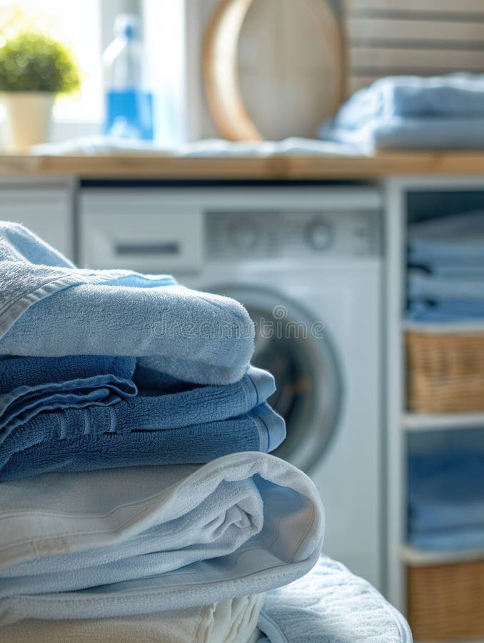 A Stack of Freshly Washed Laundry Sits Neatly Folded beside a White ...