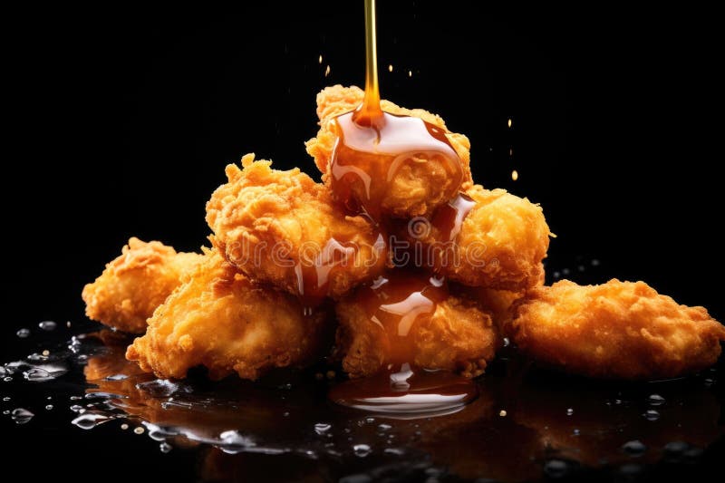 A Stack of Fried Chicken with Syrup Dripping from it Stock Photo ...