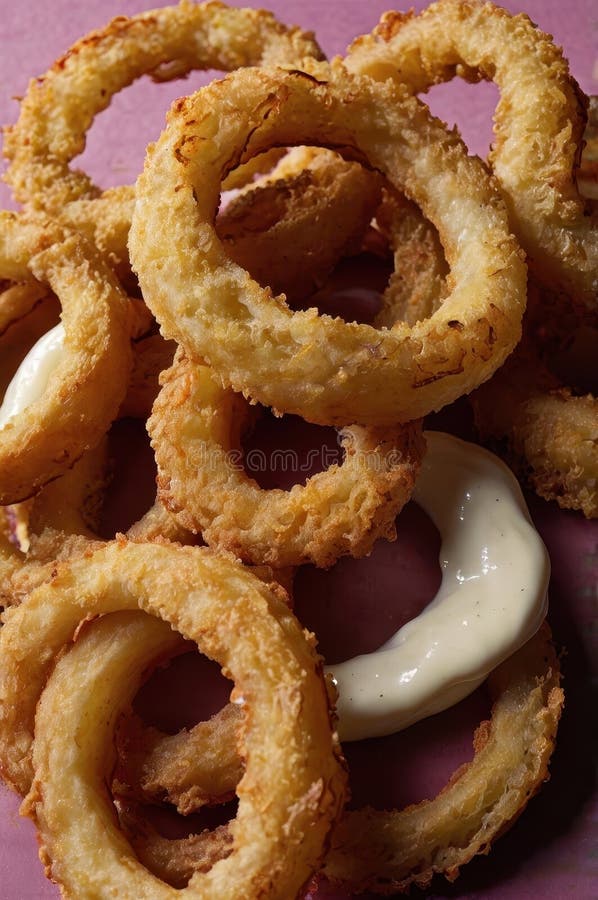 Stack of Fried Onion Rings with a Dollop of Mayonnaise on Top Stock ...