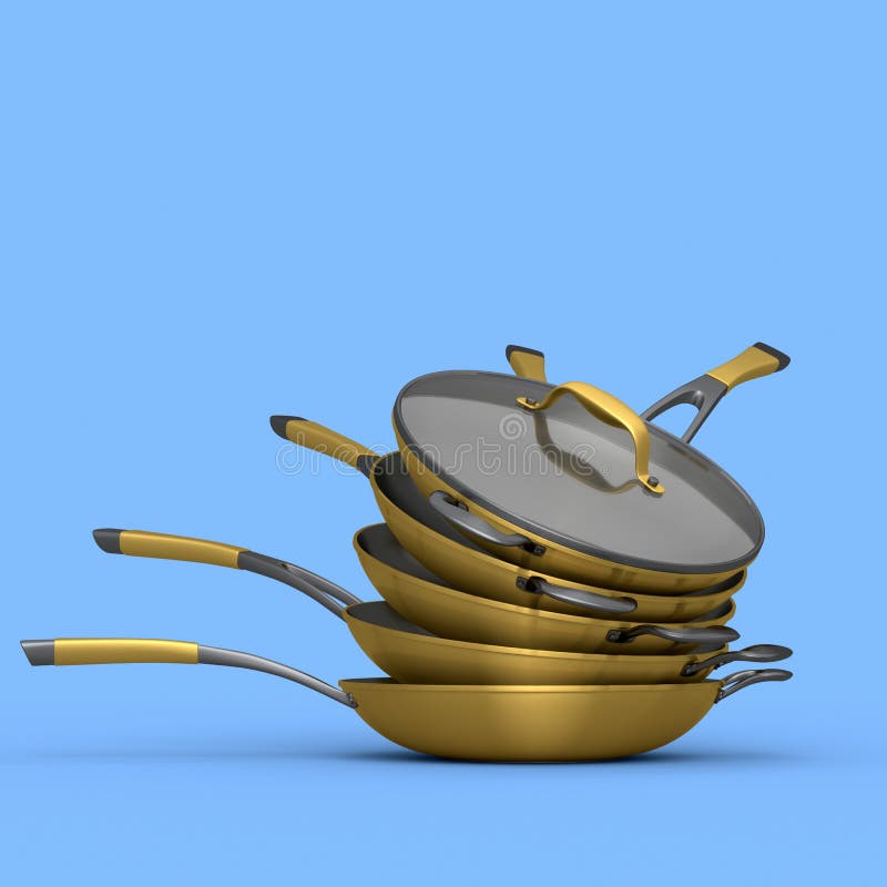 Stack of Frying Pan with Glass Lid on Blue, Non-stick Kitchen Utensils ...