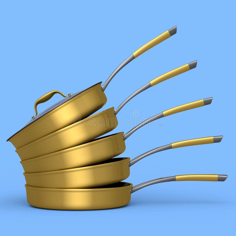 Stack of Frying Pan with Glass Lid on Blue, Non-stick Kitchen Utensils ...