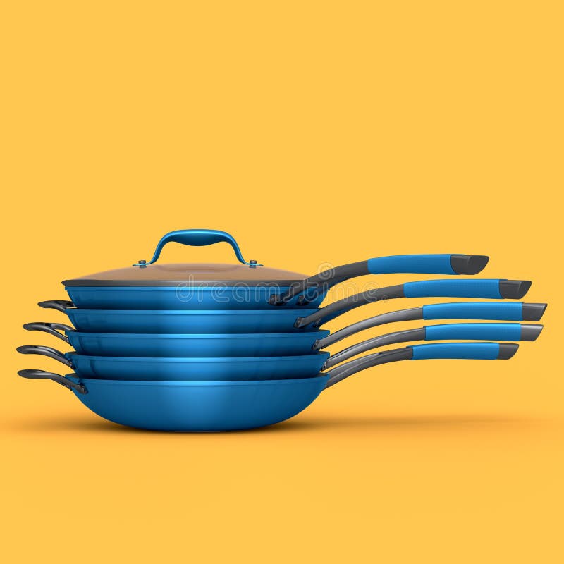 Stack of Frying Pan with Glass Lid on Yellow, Non-stick Kitchen ...