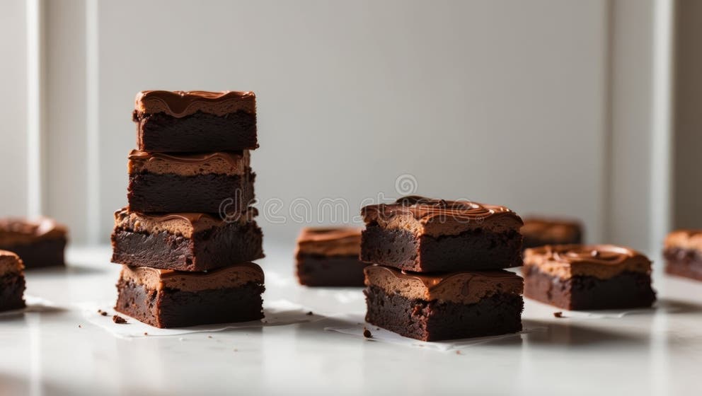 Stack of Fudge Brownies with Chocolate Swirls on Top. Stock Photo ...