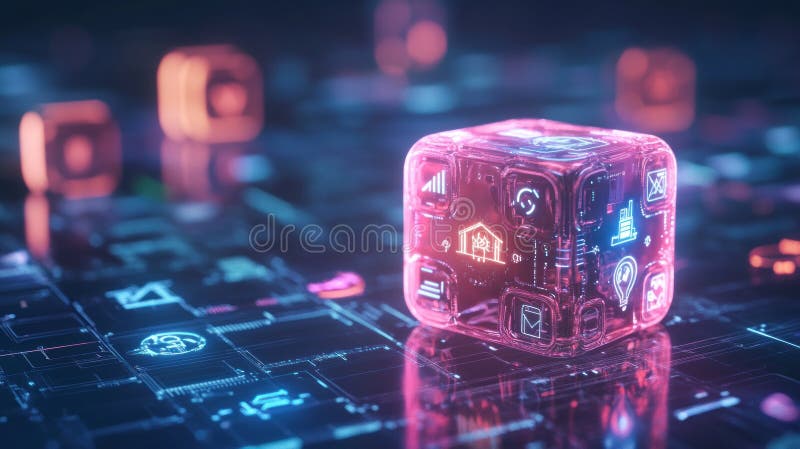 A Stack of Futuristic Digital Dice with Icons Representing Various ...