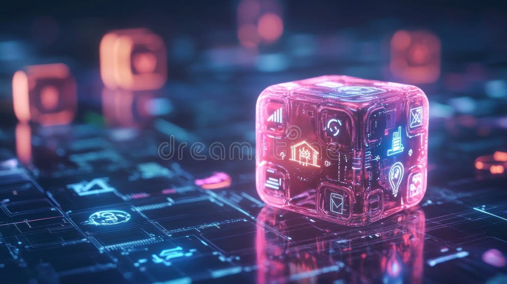 A Stack of Futuristic Digital Dice with Icons Representing Various ...