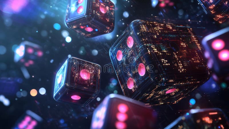 A Stack of Futuristic Digital Dice with Icons Representing Various ...