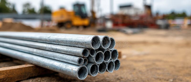 Stack of Galvanized Steel Pipes on Construction Site with Heavy ...