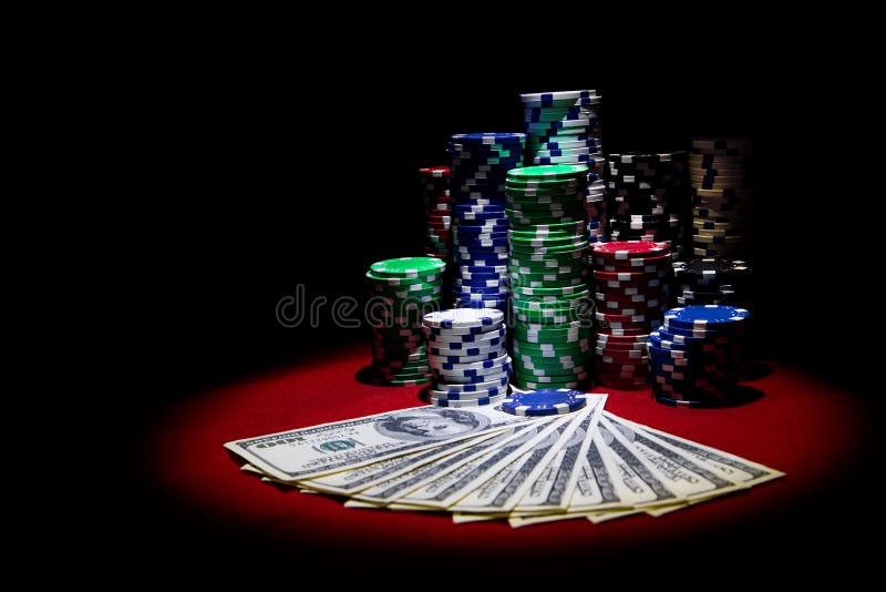 Stack of Gambling Chips and Dollars on Red Table Stock Photo - Image of ...