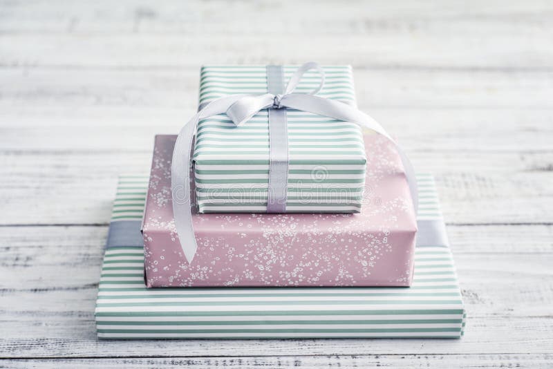 Stack Gift Boxes with Gray Ribbon Stock Photo - Image of design ...