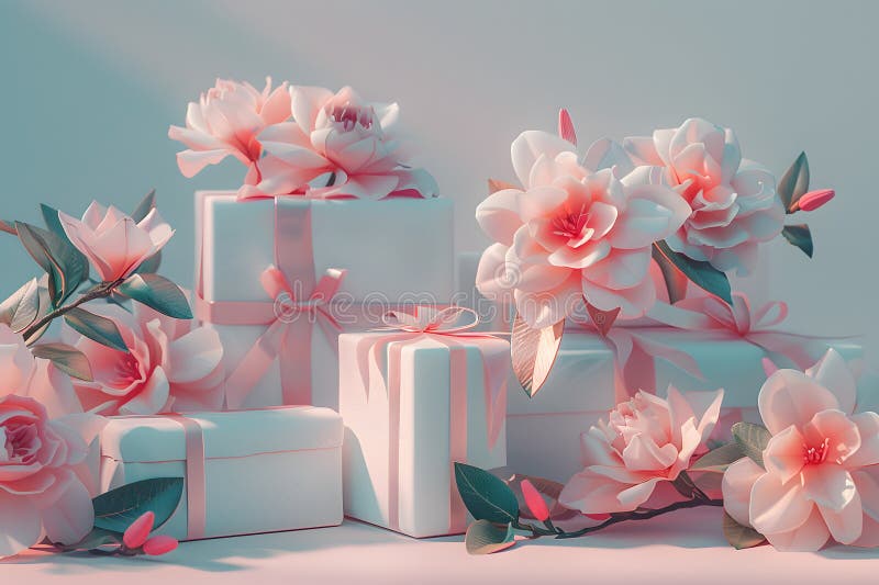 Stack of Gift Boxes with Pink Flower Surrounded Table Stock Image ...