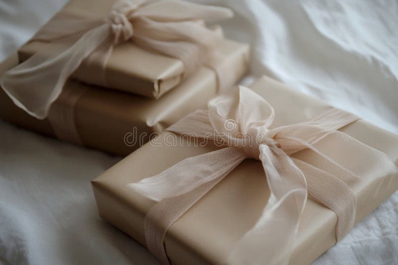 Stack of Gift Boxes Wrapped in Brown Paper with Delicate Sheer Ribbons ...