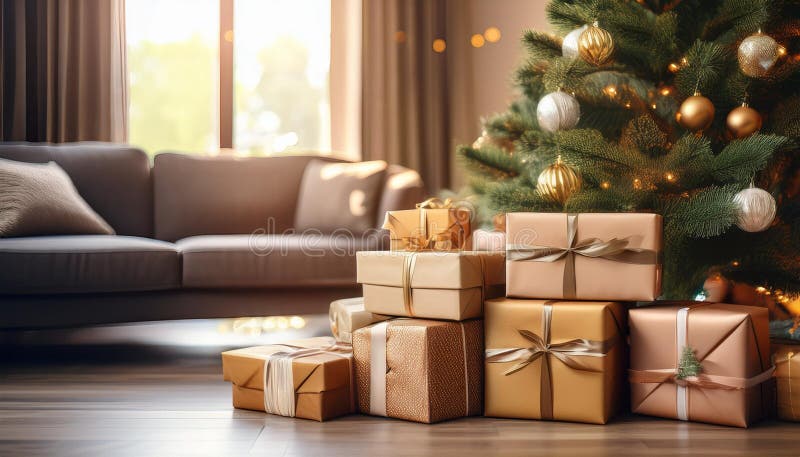 Stack of Gifts in Front of Christmas Tree at Home Stock Illustration ...