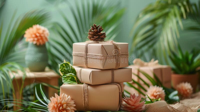 Stack of Gifts Wrapped in Natural Paper with Pine Cone Topper Amidst ...