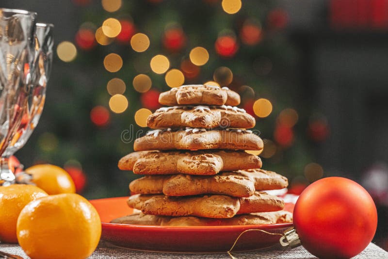 Stack of Gingerbread in a Red Plate - Holidays Concept Stock Photo ...