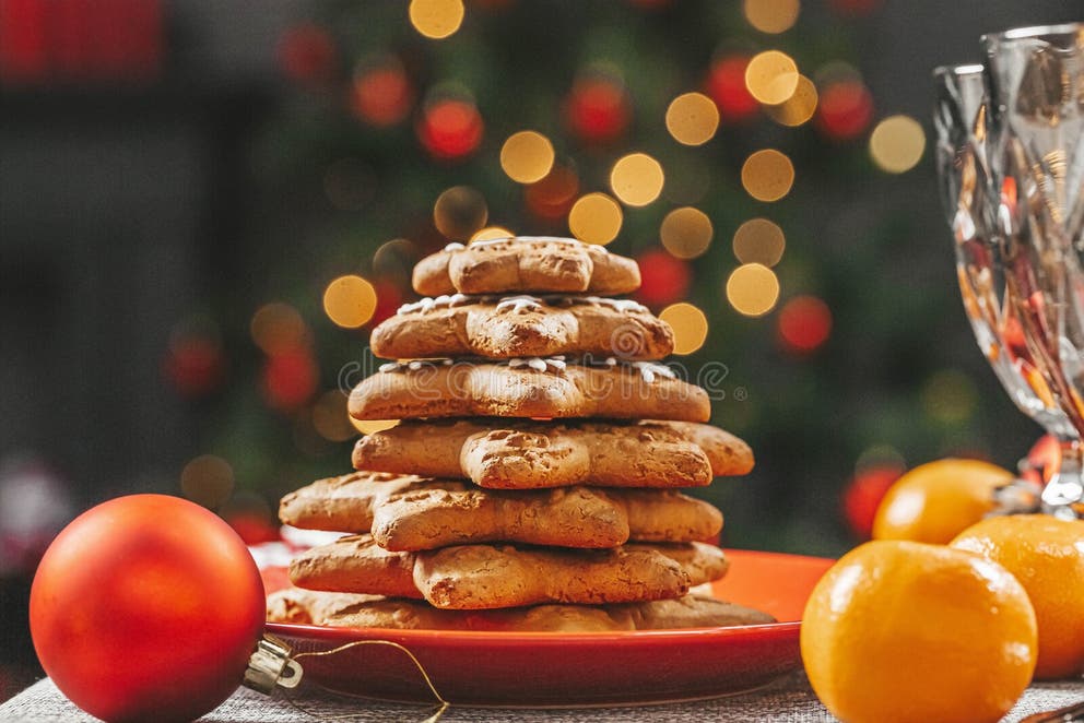 Stack of Gingerbread in a Red Plate on a New Year S Background Bokeh ...