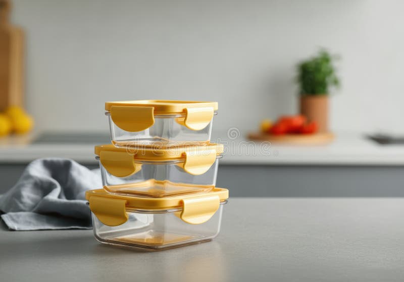 Stack of Glass Food Storage Containers with Yellow Lids on a Kitchen ...