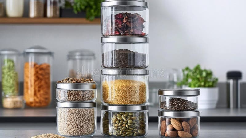 Stack of Glass Jars with Various Food Items in Modern Kitchen Stock ...