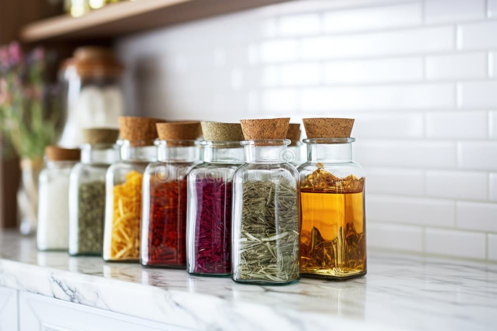 Stack of Glass Spice Jars on a Pantry Shelf Stock Image - Image of ...