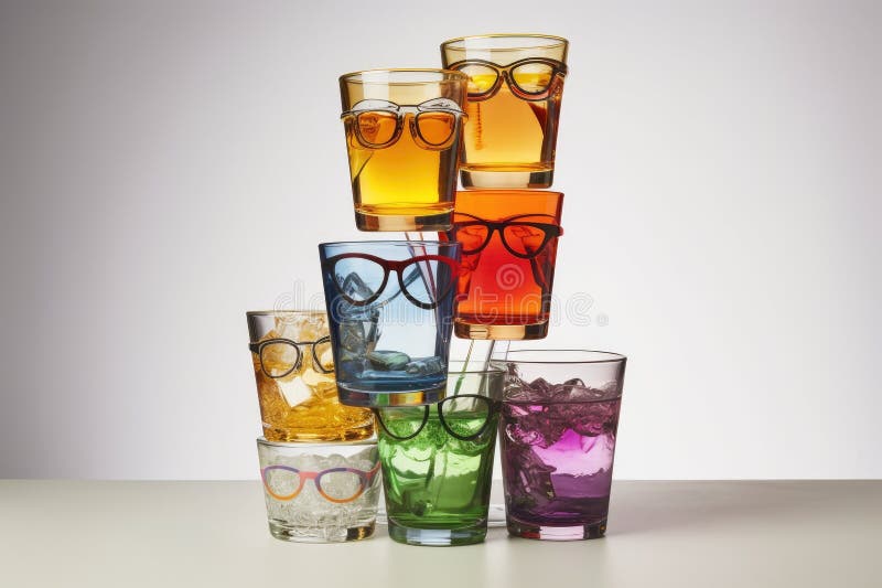 Stack of Glasses, Each with Unique and Creative Beverage Art Design ...