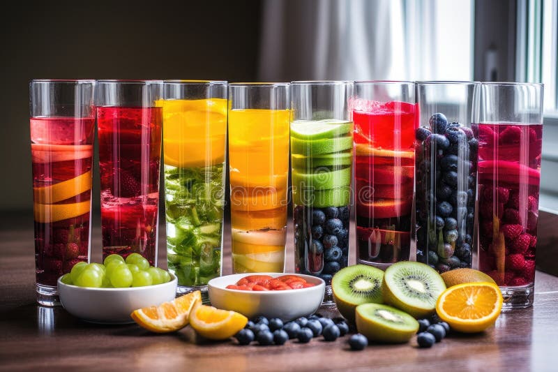 Stack of Glasses Filled with Colorful Mix of Fruit and Water Stock ...