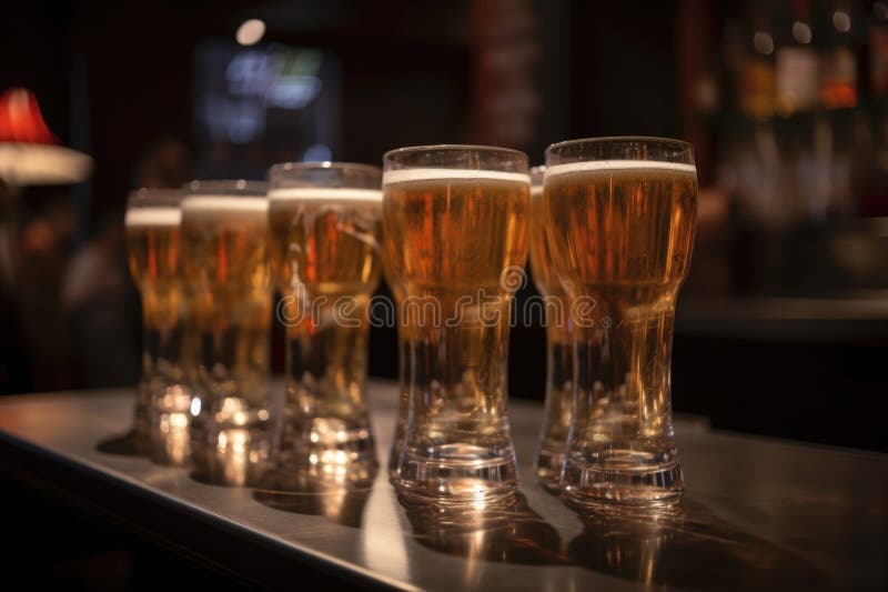 Stack of Glasses Filled with Draught Beer, Ready To Be Served at the ...