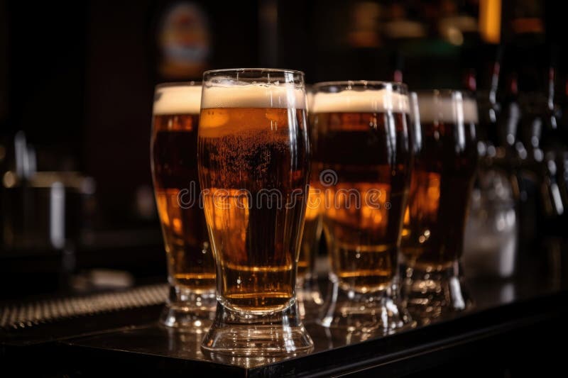 Stack of Glasses Filled with Draught Beer, Ready To Be Served at the ...