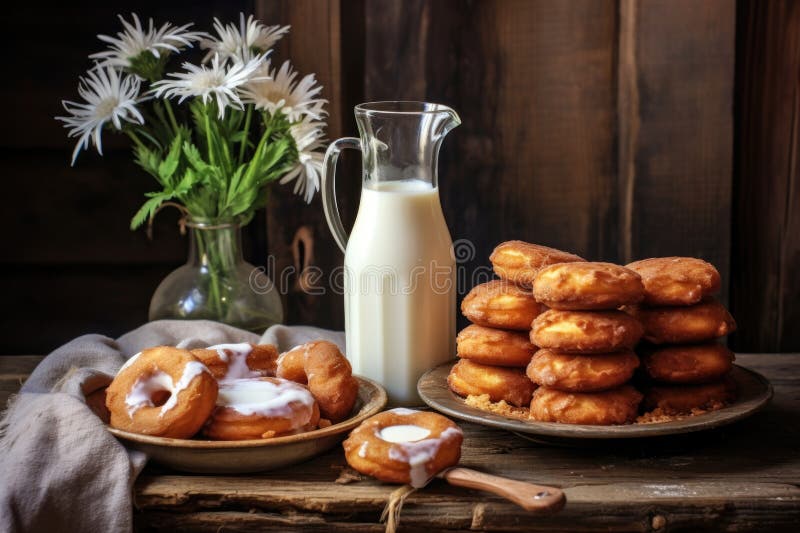A Stack of Glazed Donuts with a Glass of Milk on a Rustic Table Stock ...
