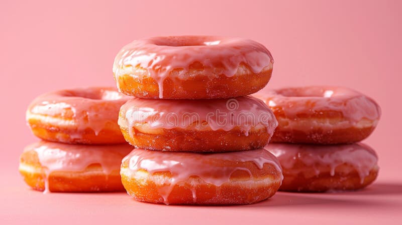 Stack of Glazed Donuts with Vibrant Pink Icing on a Pink Background ...