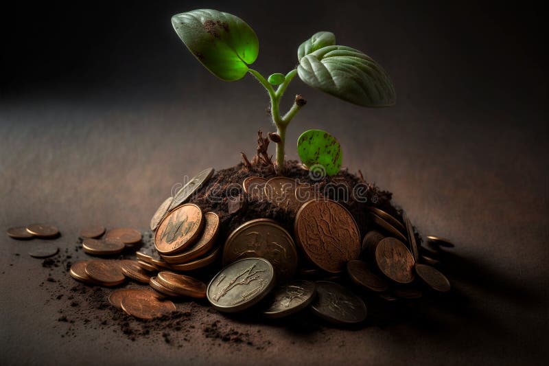 From a Stack of Gleaming Coins Emerges a Vibrant Green Sprout ...