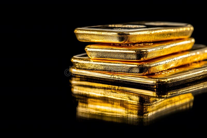 Stack of Gleaming Gold Bars Reflecting on a Dark Surface. Stock Photo ...
