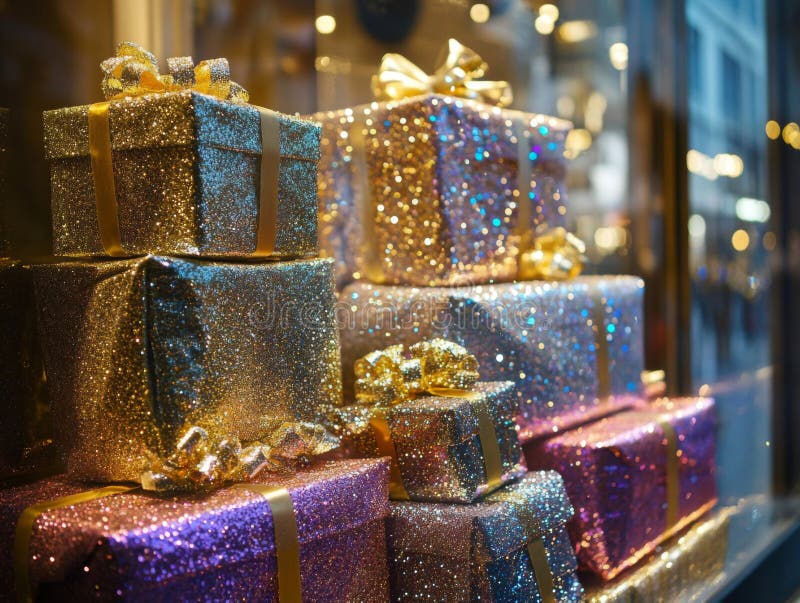 Stack of Glitter-Covered Gift Boxes in a Shop Window Stock Illustration ...