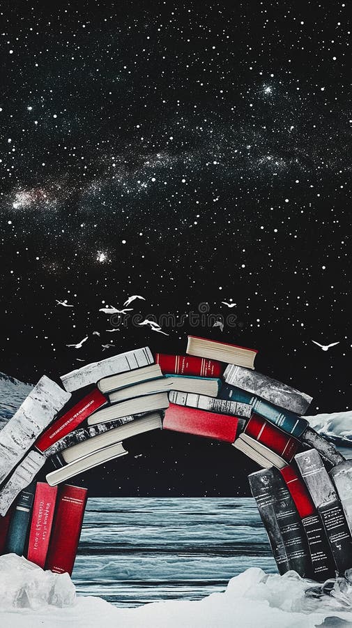 A Stack of Glowing Books Arranged Like a Bridge Stock Illustration ...