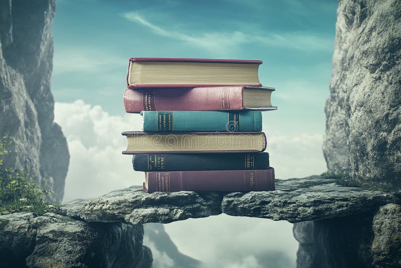 A Stack of Glowing Books Arranged Like a Bridge Stock Illustration ...
