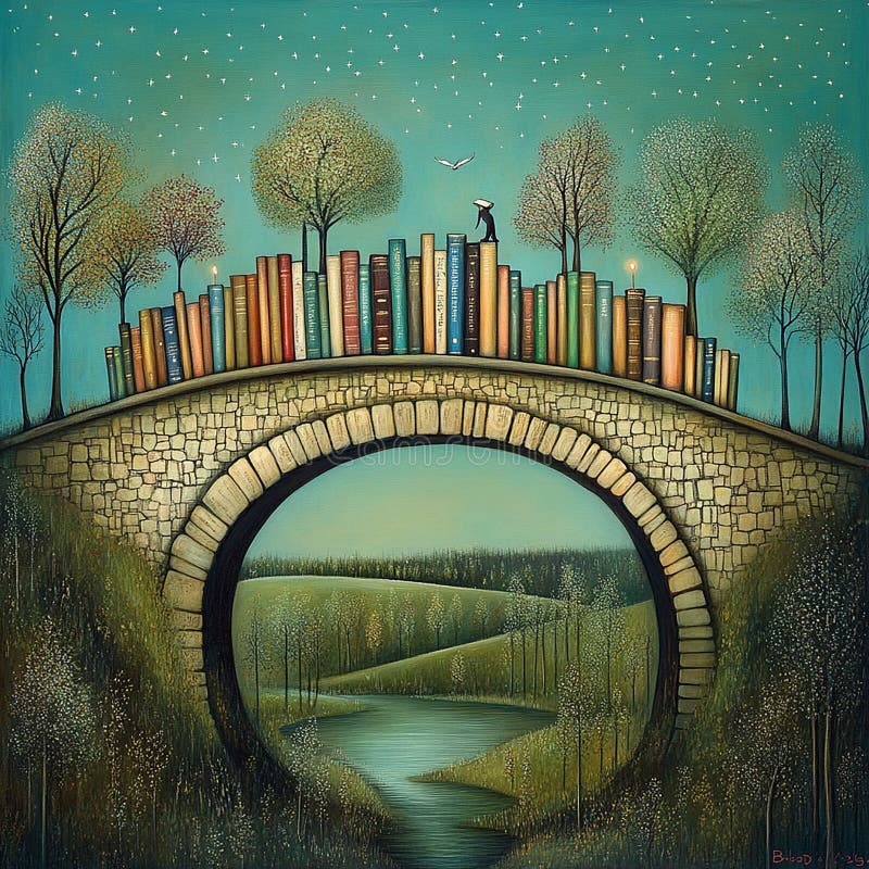 A Stack of Glowing Books Arranged Like a Bridge Stock Illustration ...