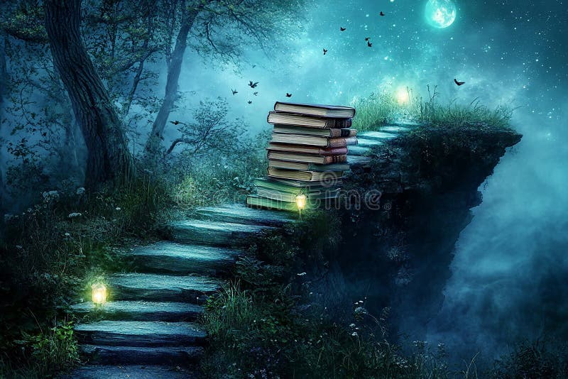 A Stack of Glowing Books Arranged Like a Bridge Stock Illustration - Illustration of growth ...