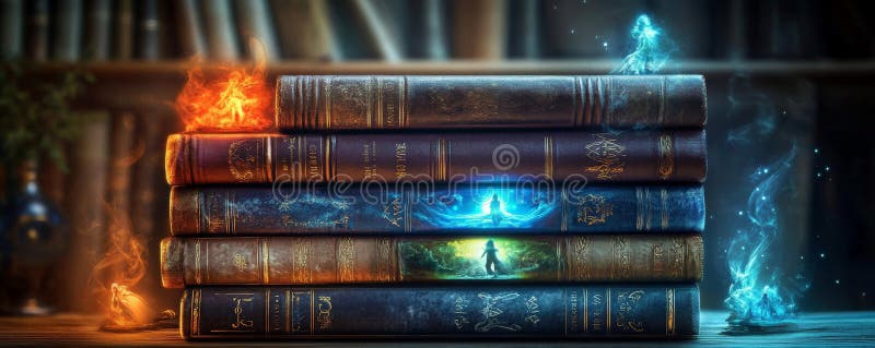 A Stack of Glowing Books, Each One Representing a Different Fantasy ...