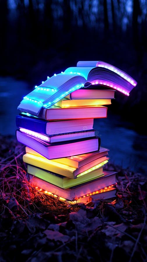 A Stack of Glowing Books Forming the Shape of a Tree Stock Illustration ...