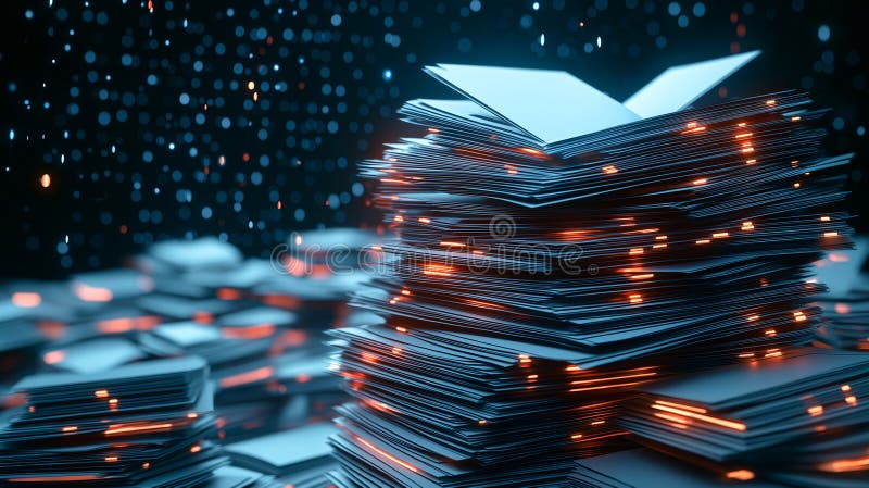 Stack of Glowing Digital Documents with Futuristic Design Surrounded by ...