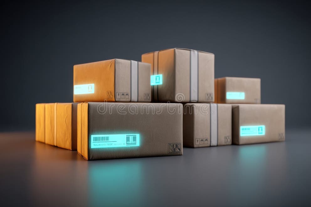 Stack of Glowing Labeled Packages in a Dim Warehouse Environment during ...