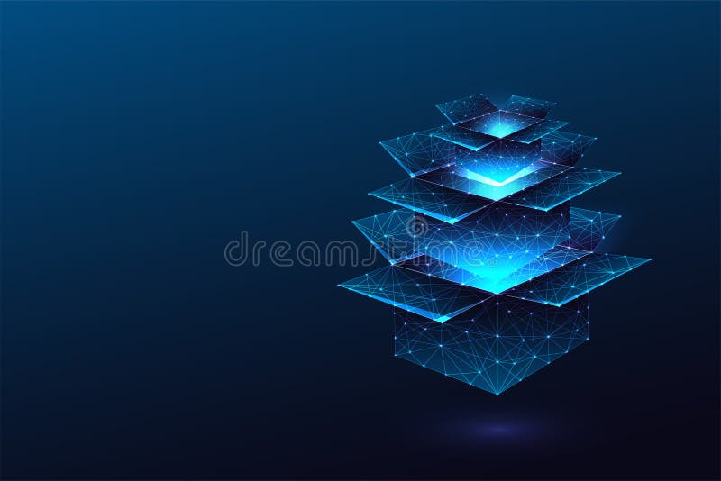 Stack of Glowing Open Boxes Representing Complex Solutions, Data Layers, and Problem-solving on ...