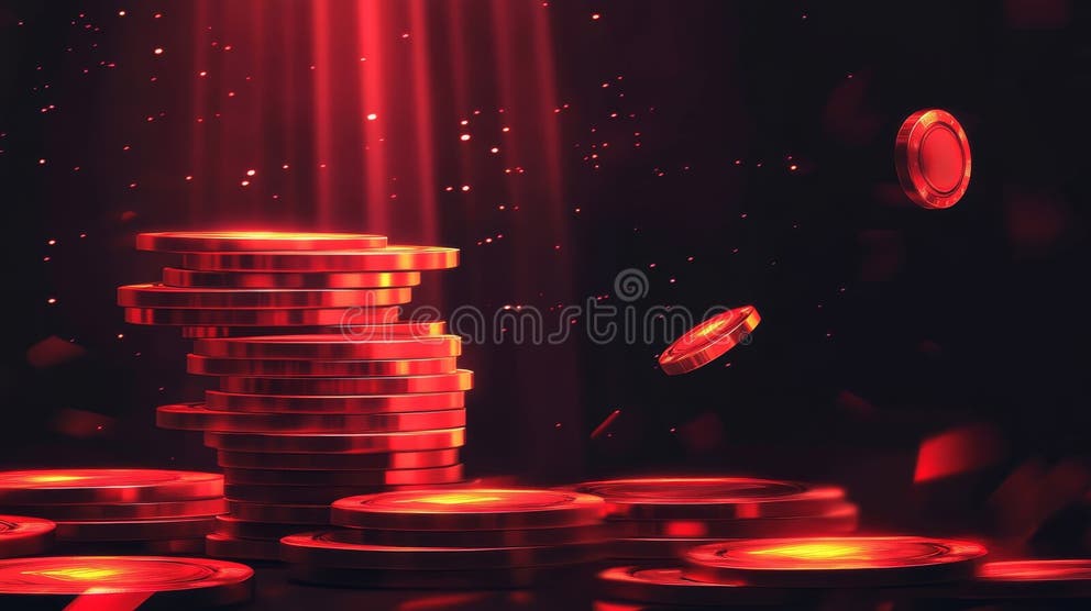 Stack of Glowing Red Coins Under Spotlight with Floating Particles ...