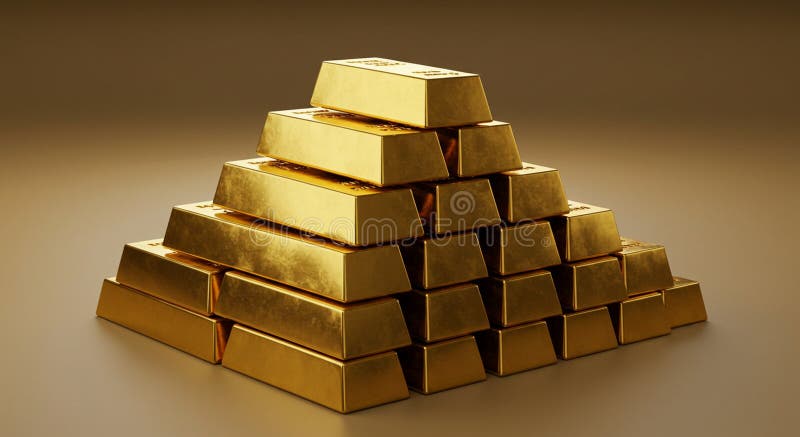 A Stack of Gold Bars Forms a Pyramid Shape Against a Neutral Background ...