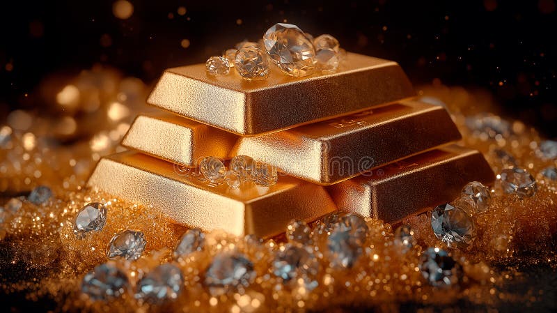 Stack of Gold Bars and Scattered Diamonds on Velvet in Secure Vault ...