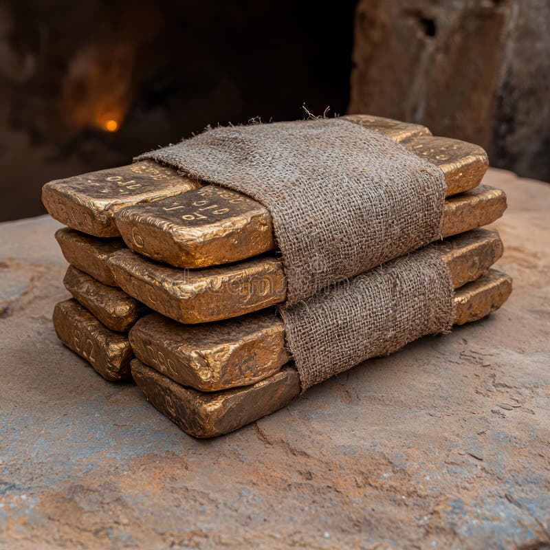 Stack of Gold Bars Wrapped in Burlap on a Rustic Surface Stock ...