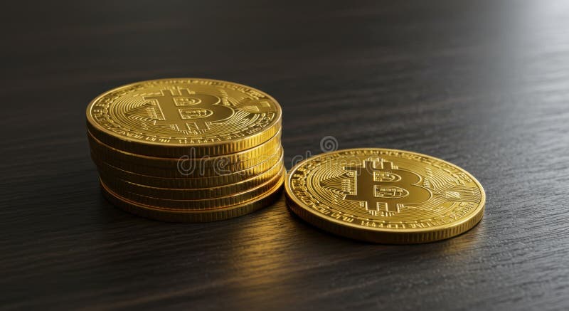 Stack of Gold Bit Coin Cryptocurrency Coins on Dark Wooden Surface â ...