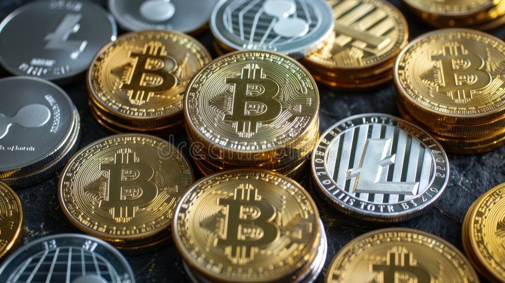 A Stack of Gold Bitcoin Coins . Electronic Money in Physical Form Stock ...