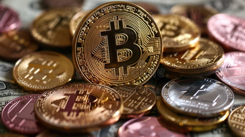 A Stack of Gold Bitcoin Coins . Electronic Money in Physical Form Stock ...