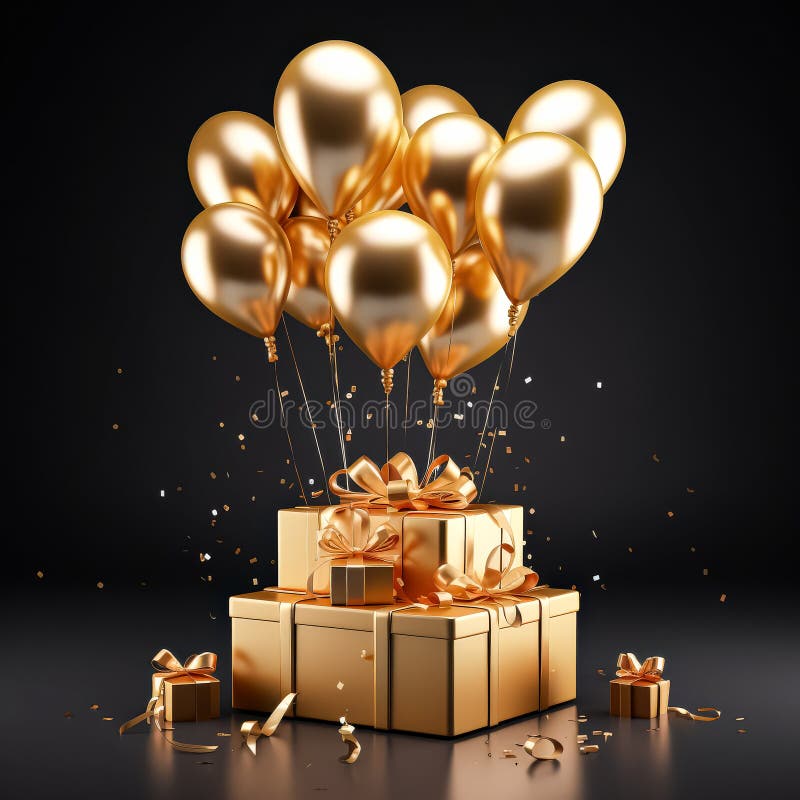 Stack of Gold Boxes with Gold Balloons on Top of Them Stock Photo ...